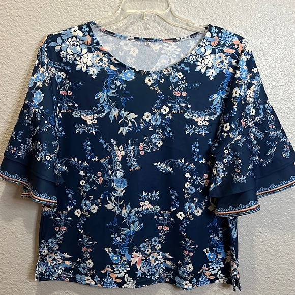 Tops | Blue Flowery Short Sleeve Blouse With Ruffle Sleeves | Poshmark